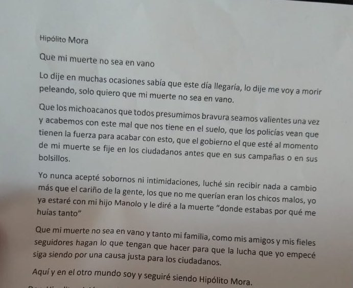 “Que mi muerte no sea en vano”: en carta póstuma, Hipólito Mora pidió ...