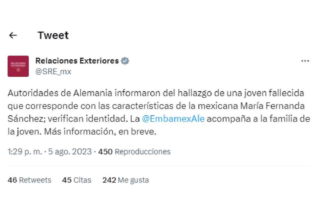 Hallan sin vida a María Fernanda, mexicana desaparecida en Berlín, Alemania